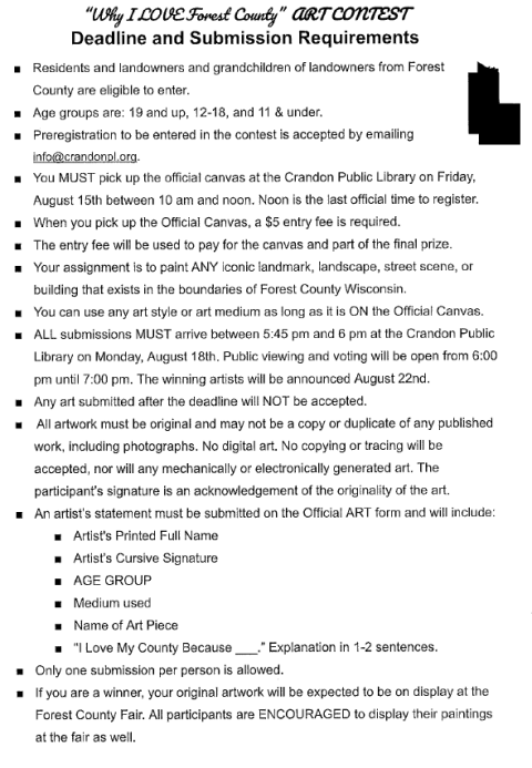 “Why I Love Forest Country” Art Contest | Crandon Public Library